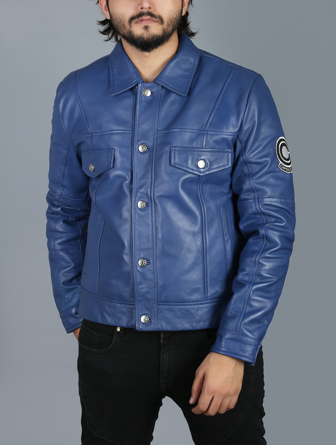 Men's Capsule Corp Future Trunks Blue Leather Jacket – Fanzilla Jackets