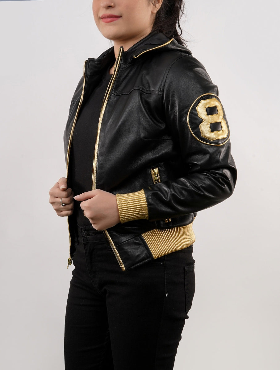 Handmade 8 Ball David Puddy Inspired Black and Golden Bomber Leather J ...