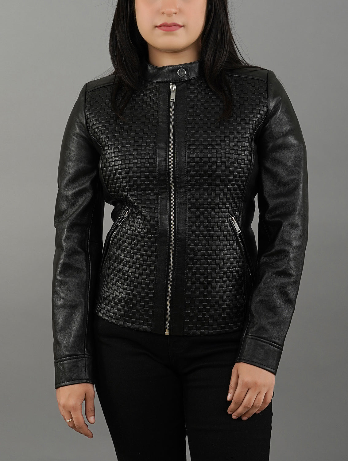 Women's Quilted Patterned Black Real Sheepskin Leather Jacket ...