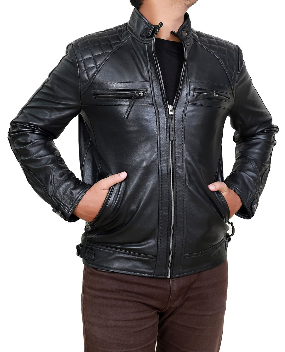 Mens Black Biker Quilted Lambskin Leather Beckham Inspired Motorcycle ...